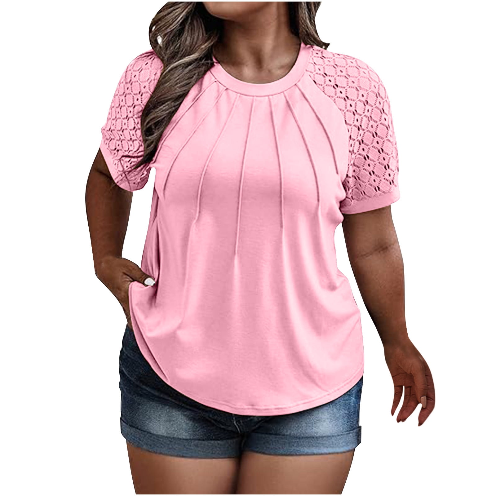 AherBiu Plus Size Tops for Women Lace Hollow Short Sleeve Crewneck Ruched Loose Tunic Shirts ...