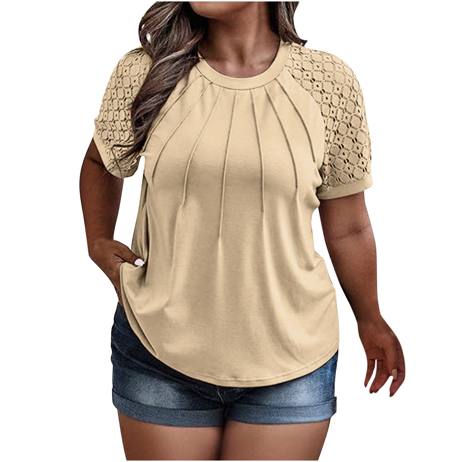 AherBiu Plus Size Tops for Women Lace Hollow Short Sleeve Crewneck ...