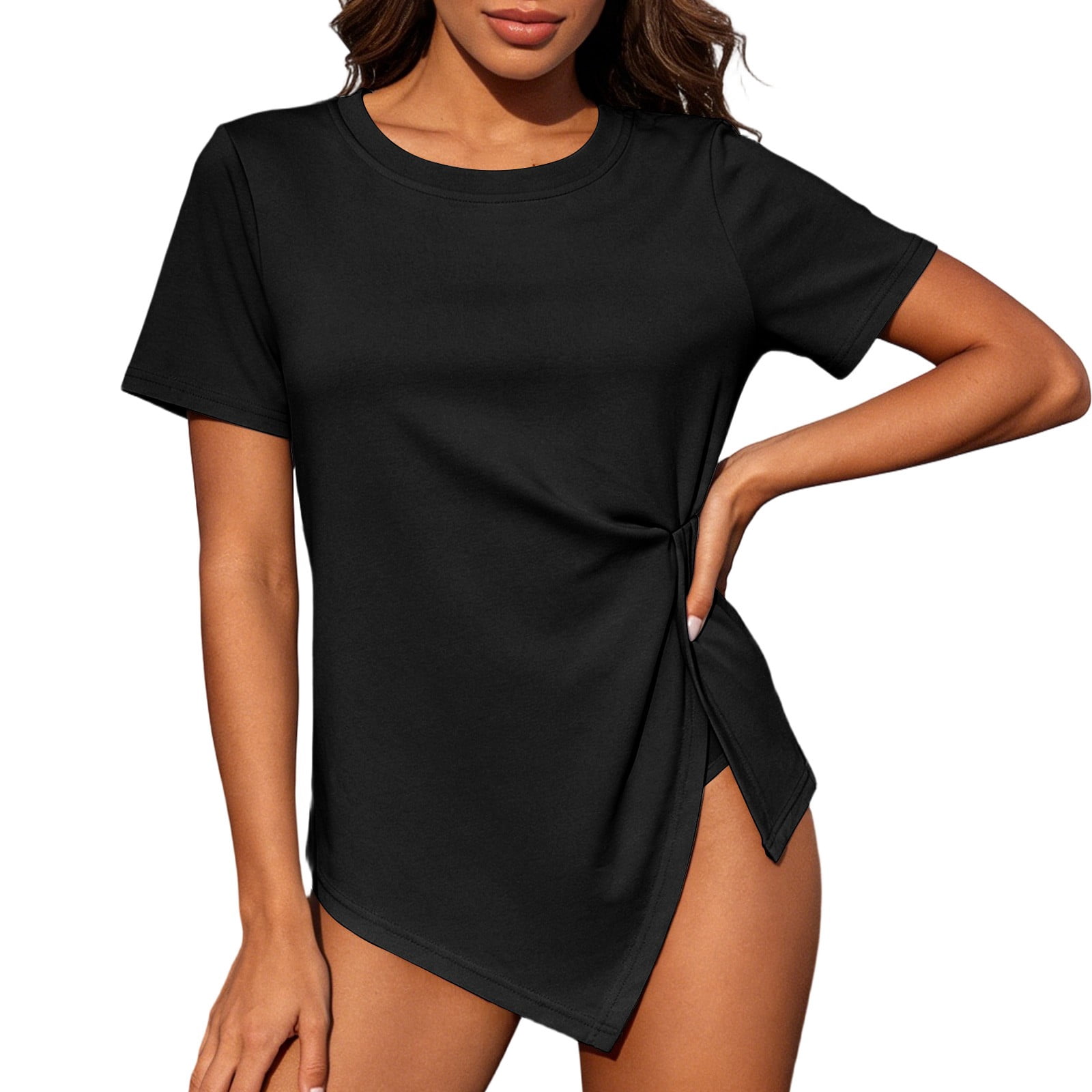 AherBiu Plus Size Tops for Women Short Sleeve Crewneck Slit Twisted ...