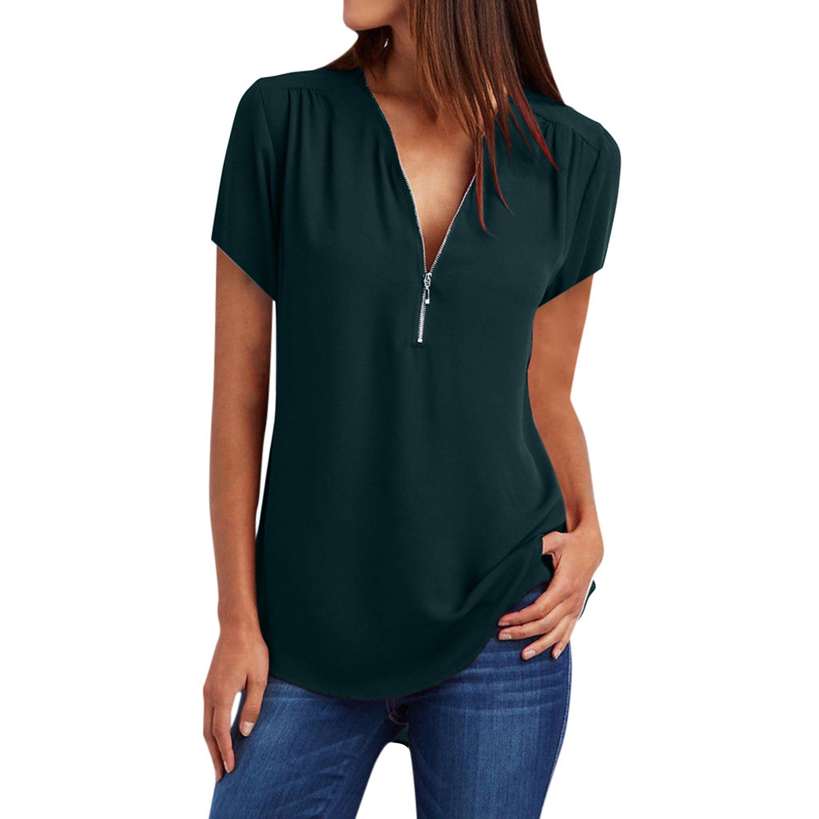 AherBiu Plus Size Tops for Women Short Sleeve Half Zipper V Neck Summer Casual Tunic Top Shirts ...