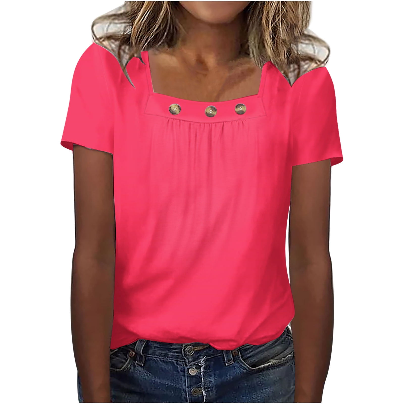 AherBiu Plus Size Tops for Women Short Sleeve Square Neck Ruched Summer Casual Loose Shirts ...