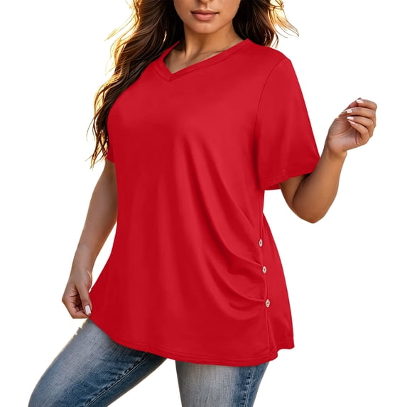 AherBiu Plus Size Tops for Women Short Sleeve V Neck Ruched Loose ...