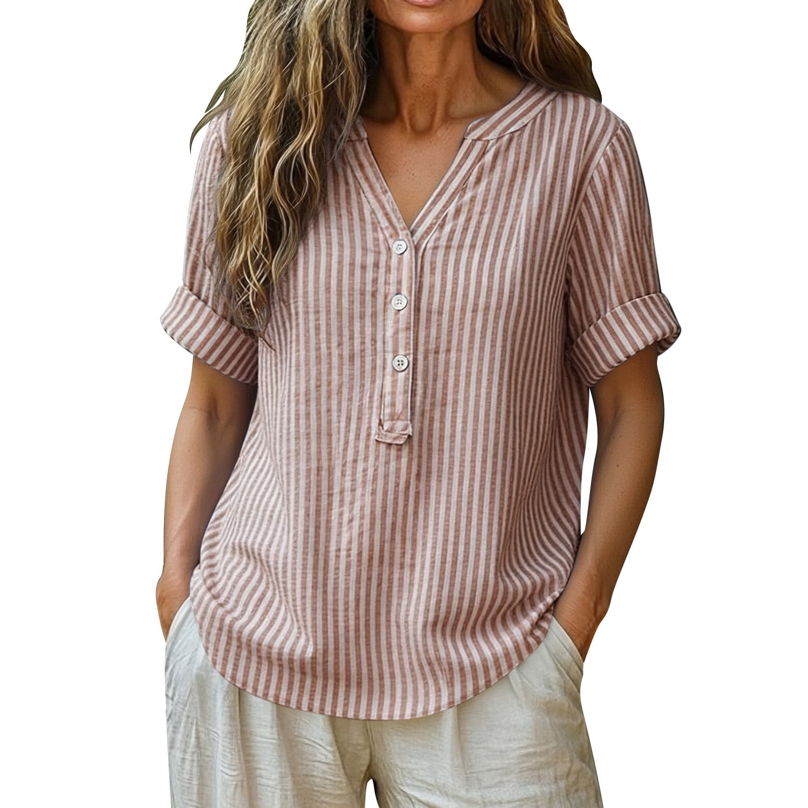 AherBiu Plus Size Tops for Women Striped Cotton Linen Henley Shirt Roll ...