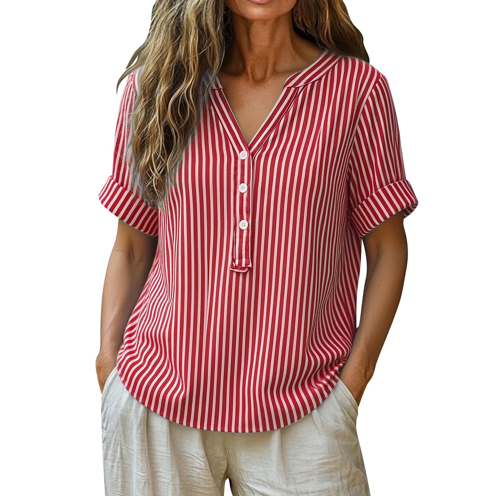 AherBiu Plus Size Tops for Women Striped Cotton Linen Henley Shirt Roll ...