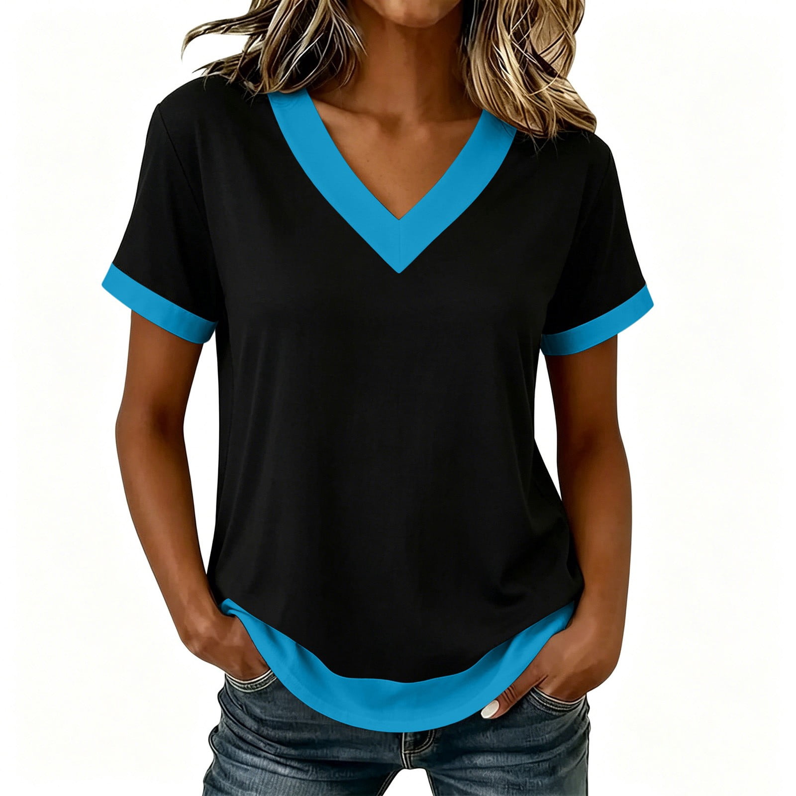 AherBiu Plus Size Tops for Women Summer Casual Loose Fitted V Neck ...