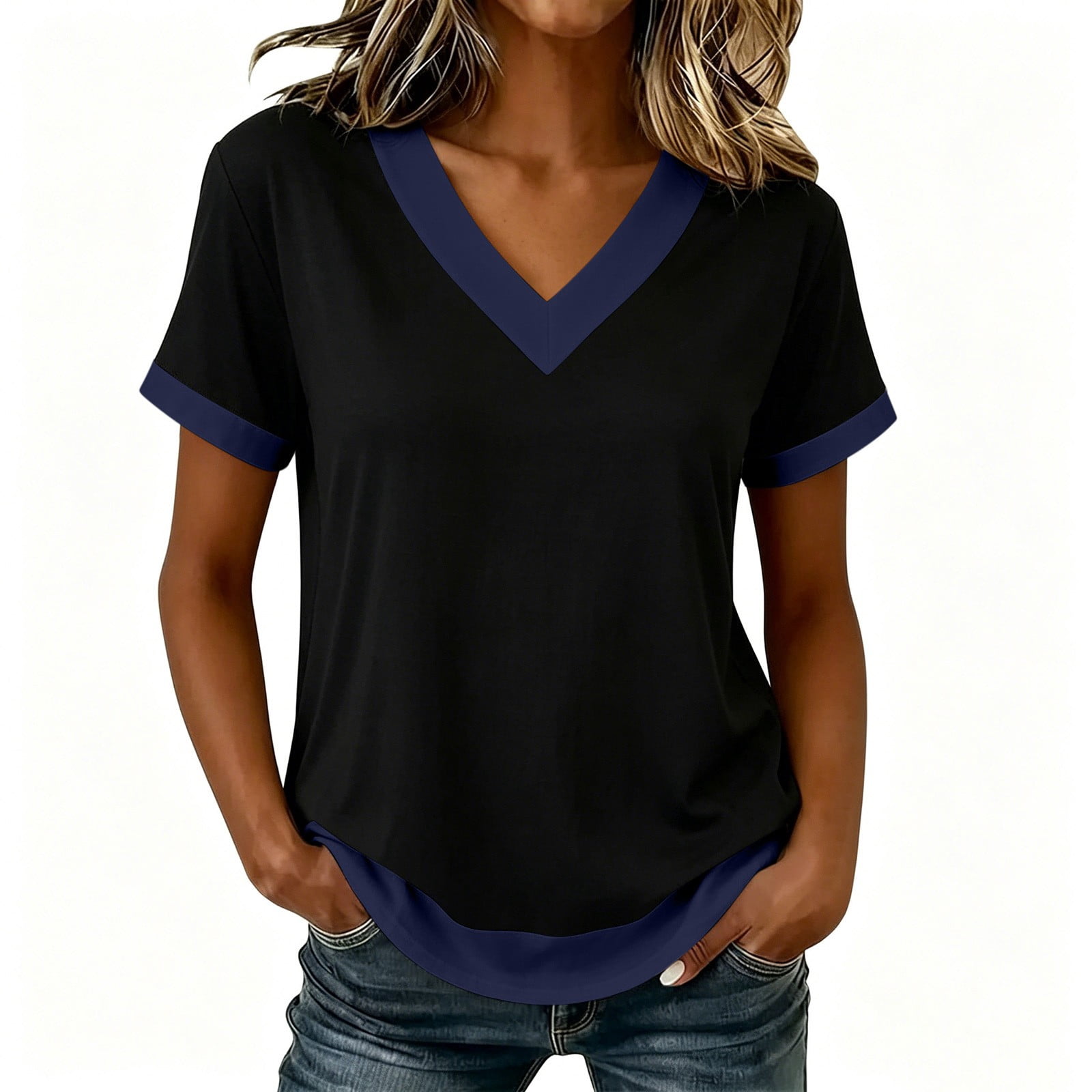 AherBiu Plus Size Tops for Women Summer Casual Loose Fitted V Neck ...
