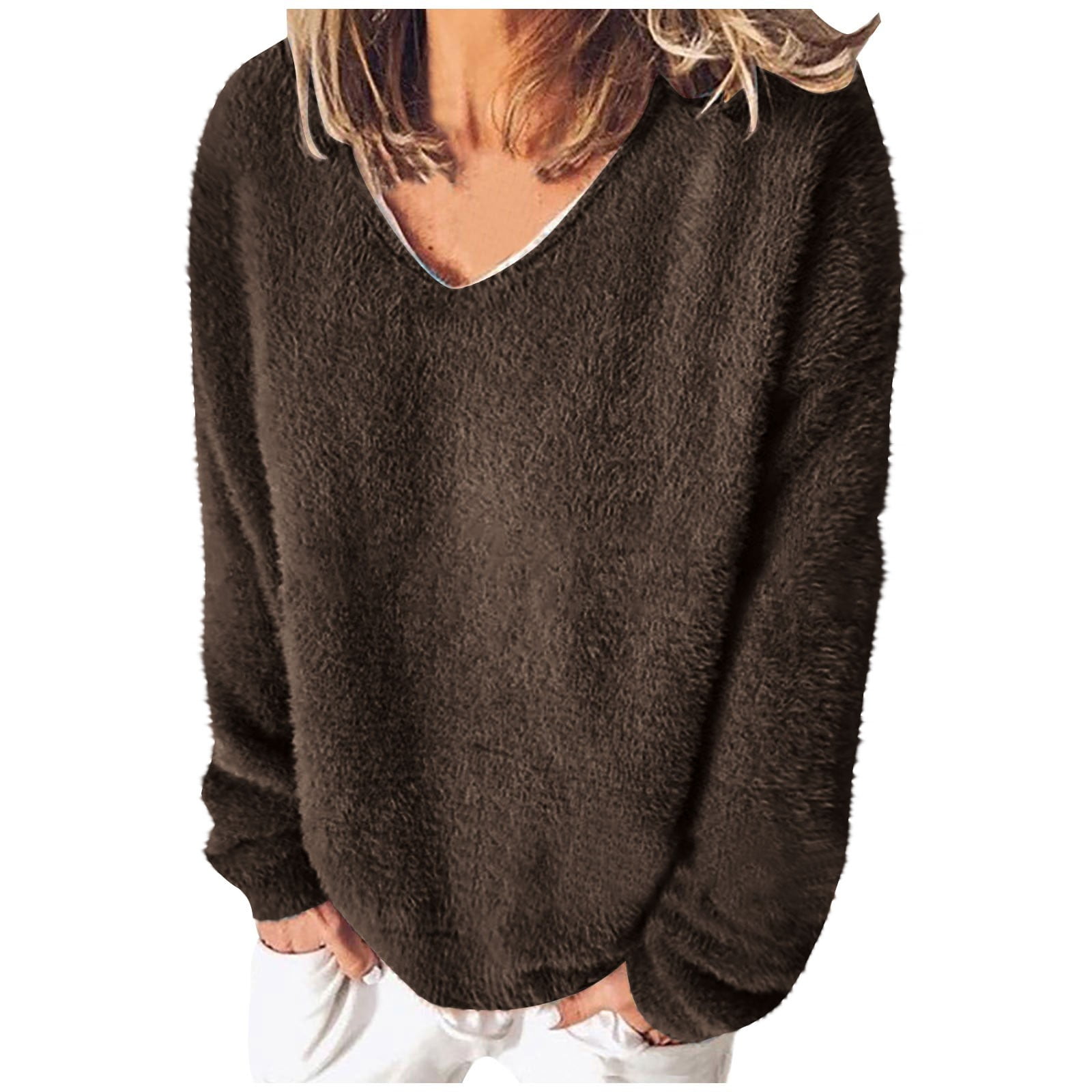 AherBiu Plus Size Winter Tops for Women Fleece Plush V Neck Pullover ...