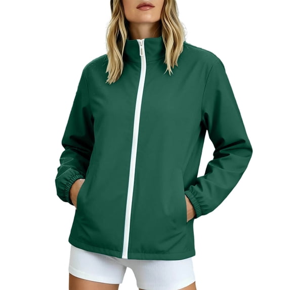 AherBiu Rain Jacket for Women Hoodless Zip up Stand Collar Lightweight ...