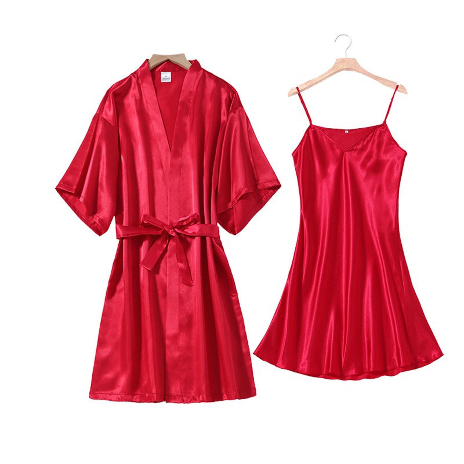 AherBiu Satin Pajama Dresses for Women 2 Piece Open Front Bathrobe with ...