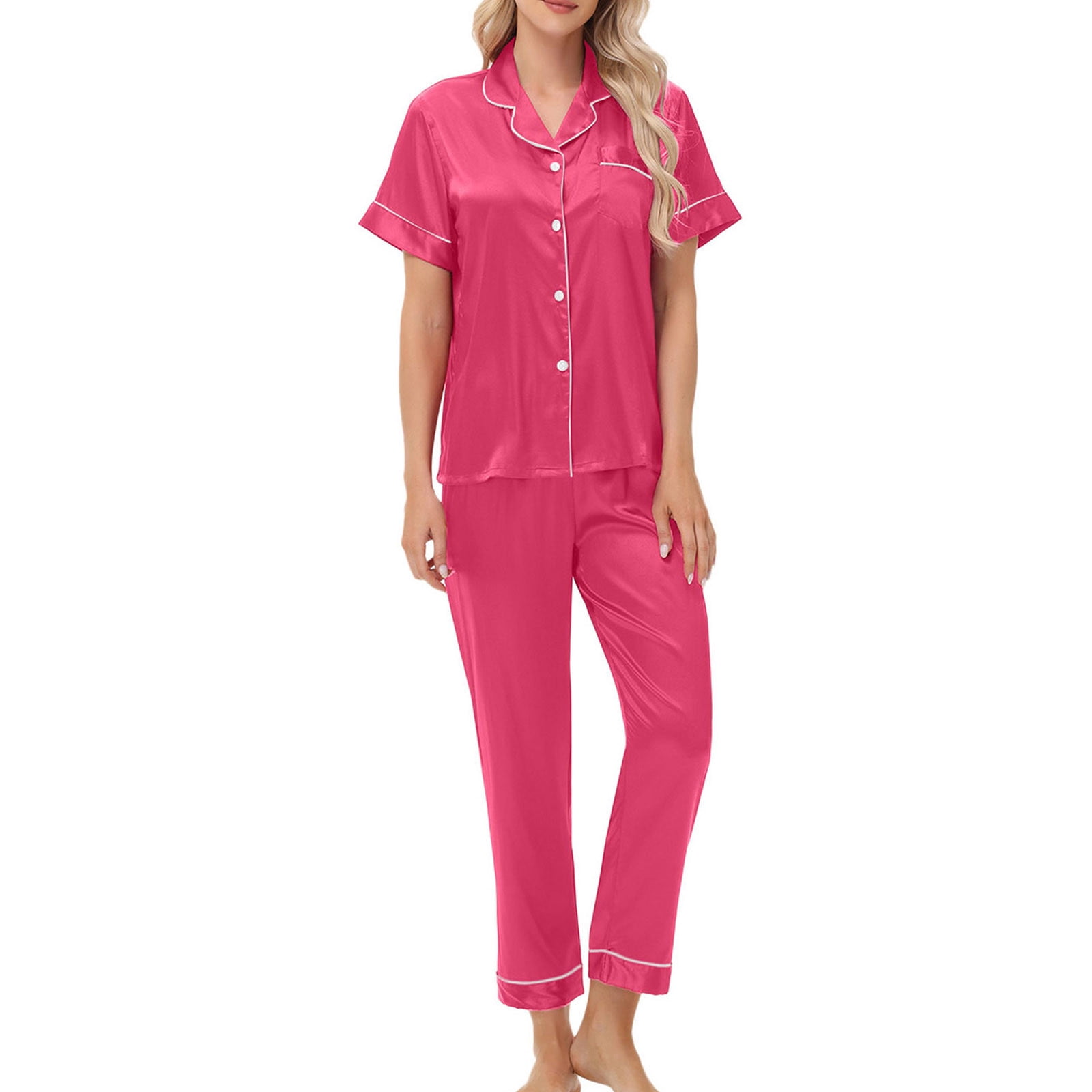 AherBiu Satin Pajama for Women 2 Piece Pants Sets Short Sleeve Button ...