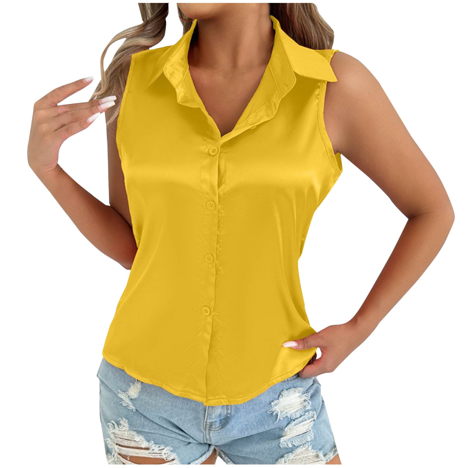 AherBiu Satin Tank Tops for Women Summer Sleeveless Lapel V Neck Button ...