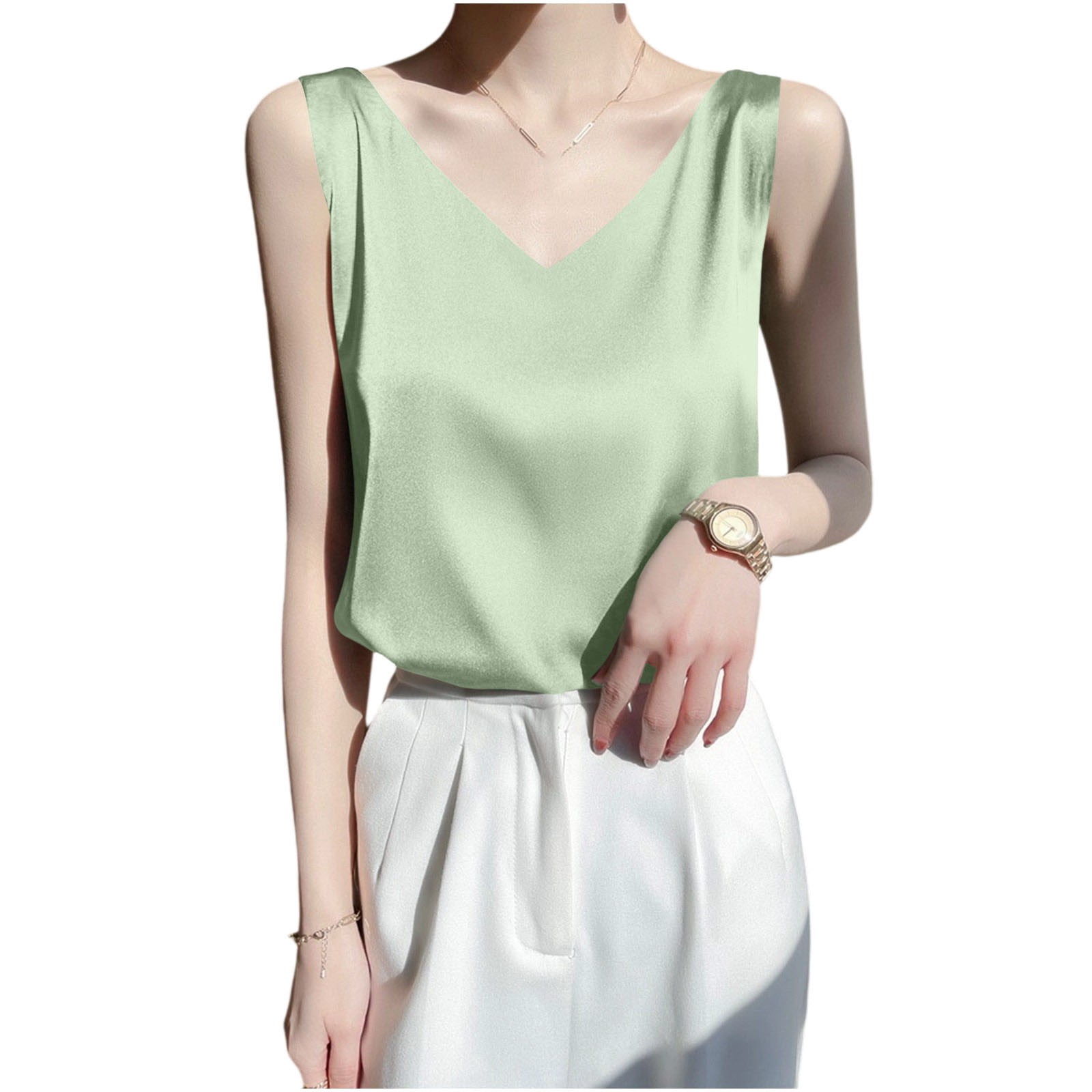 AherBiu Satin Tank Tops for Women V Neck Sleeveless Work Blouse Dressy ...
