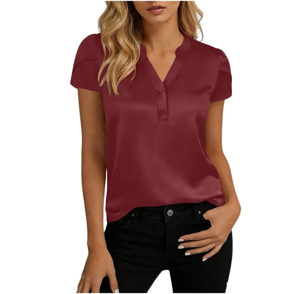 AherBiu Satin Tops for Women Petal Short Sleeve Button Notch V Neck ...