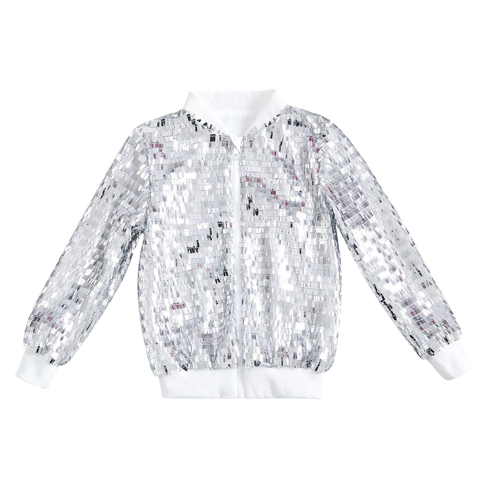 AherBiu Sequin Jackets for Boys Girls Zip up Sparkly Glitter Dancing Coats Teens Kid's Long ...