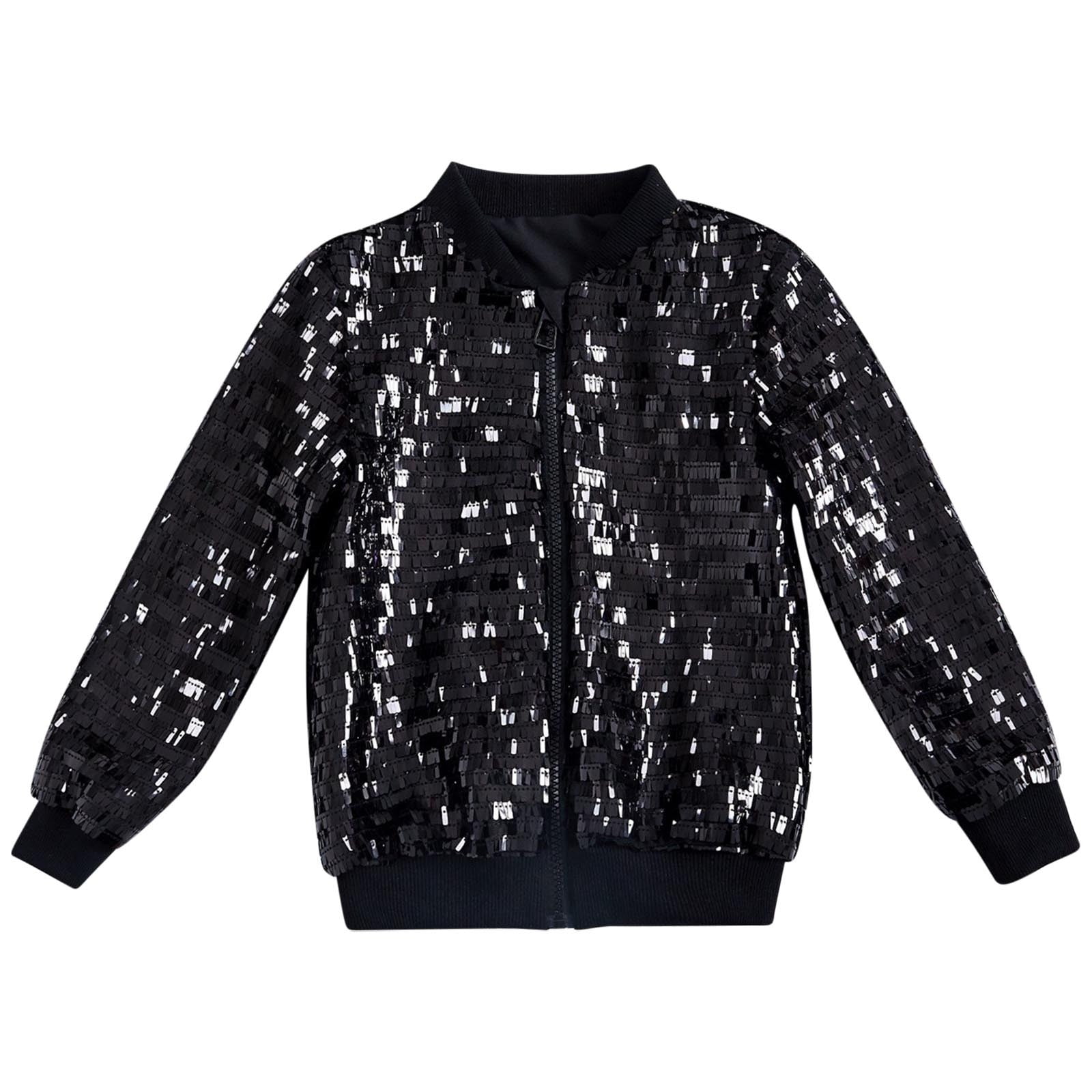 AherBiu Sequin Jackets for Boys Girls Zip up Sparkly Glitter Dancing Coats Teens Kid's Long ...