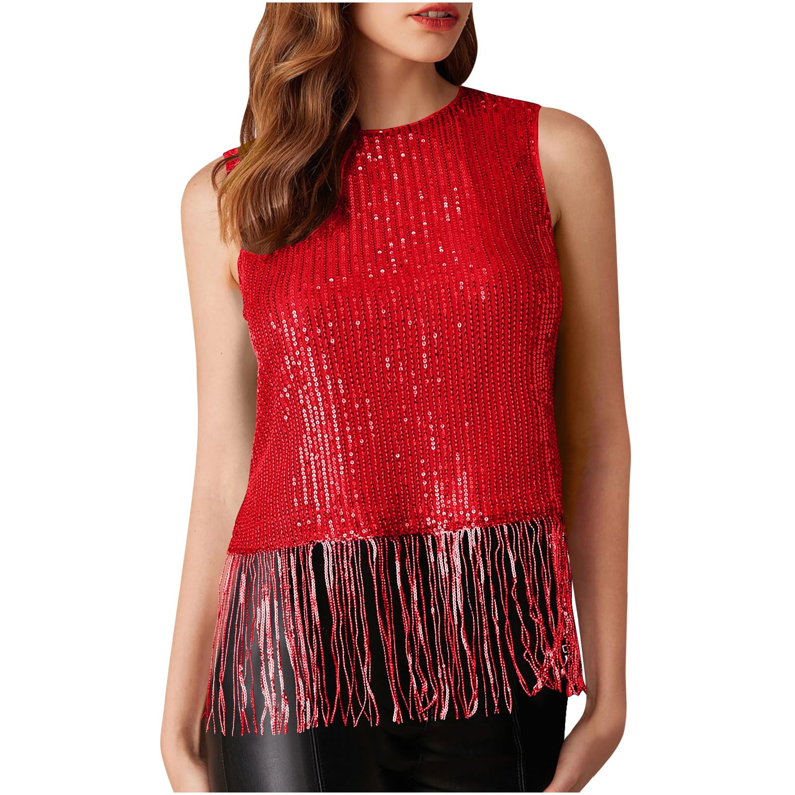 AherBiu Sequin Tank Tops for Women Fringe Party Tops Sleeveless Tassels ...