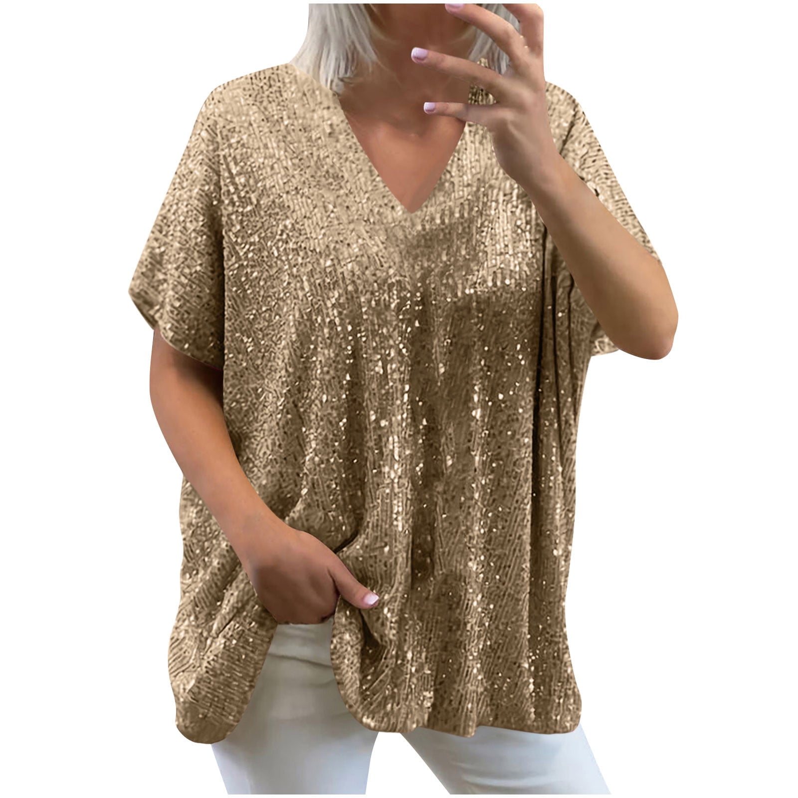 AherBiu Sequin Tops for Women Short Sleeve V Neck Oversized Top Tees Shirts Sparkly Party Tshirt ...