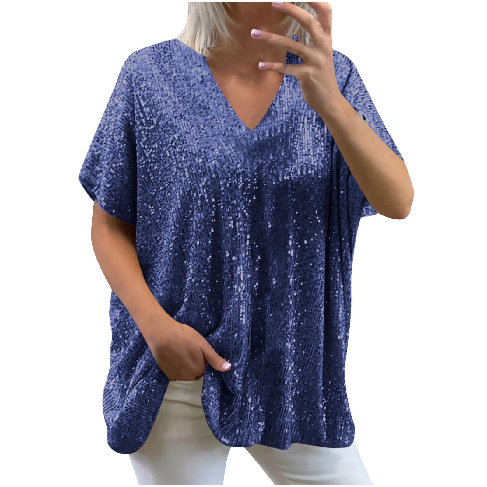 AherBiu Sequin Tops for Women Short Sleeve V Neck Oversized Top Tees Shirts Sparkly Party Tshirt ...