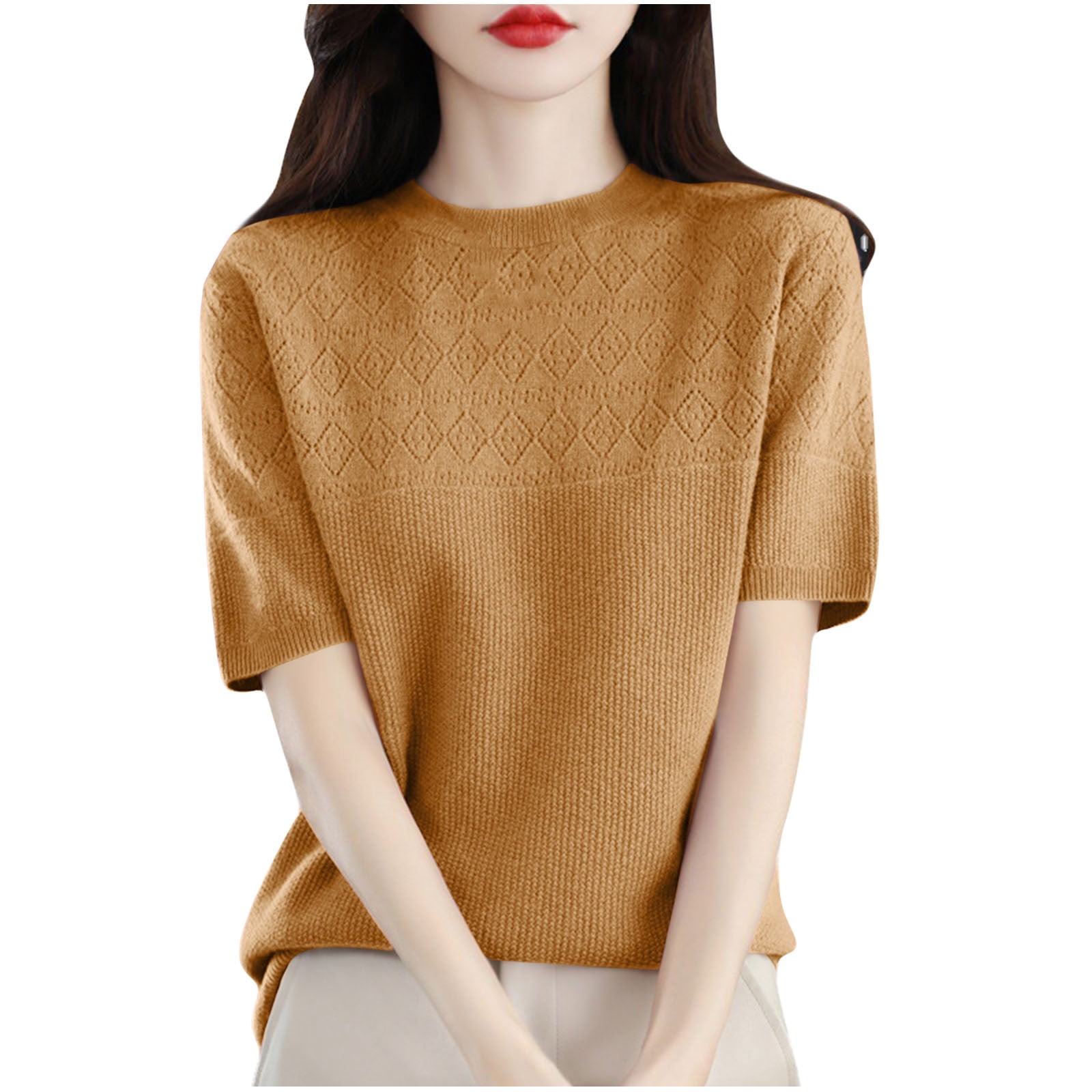 AherBiu Short Sleeve Sweater Tops for Women Crewneck Basic Knitwear Top Casual Blouse Solid ...