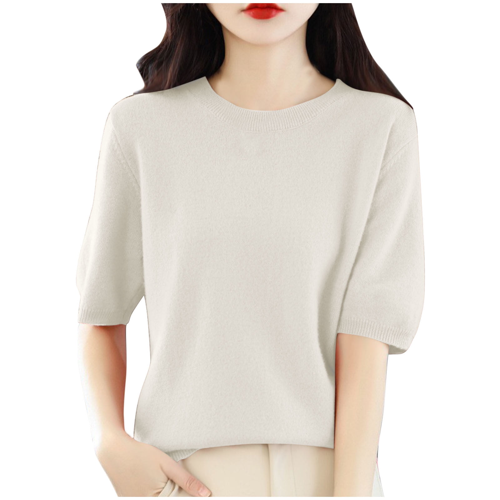 AherBiu Short Sleeve Sweater Tops for Women Crewneck Basic Knitwear Top ...