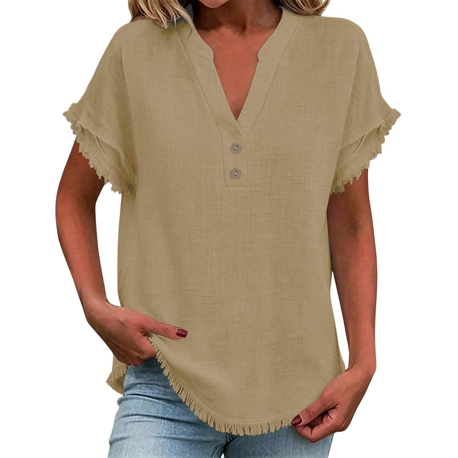 AherBiu Short Sleeve Tops for Women Button Notch V Neck Fringe Tassel ...