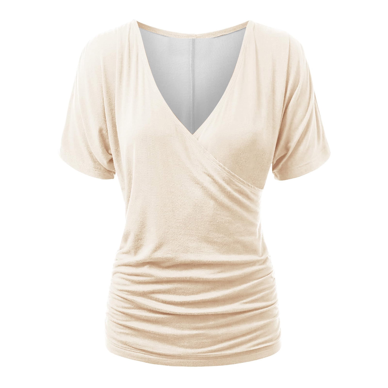 AherBiu Short Sleeve Tops for Women Deep Wrap V Neck Ruched Comfy Basic Summer Top Tees Shirts ...