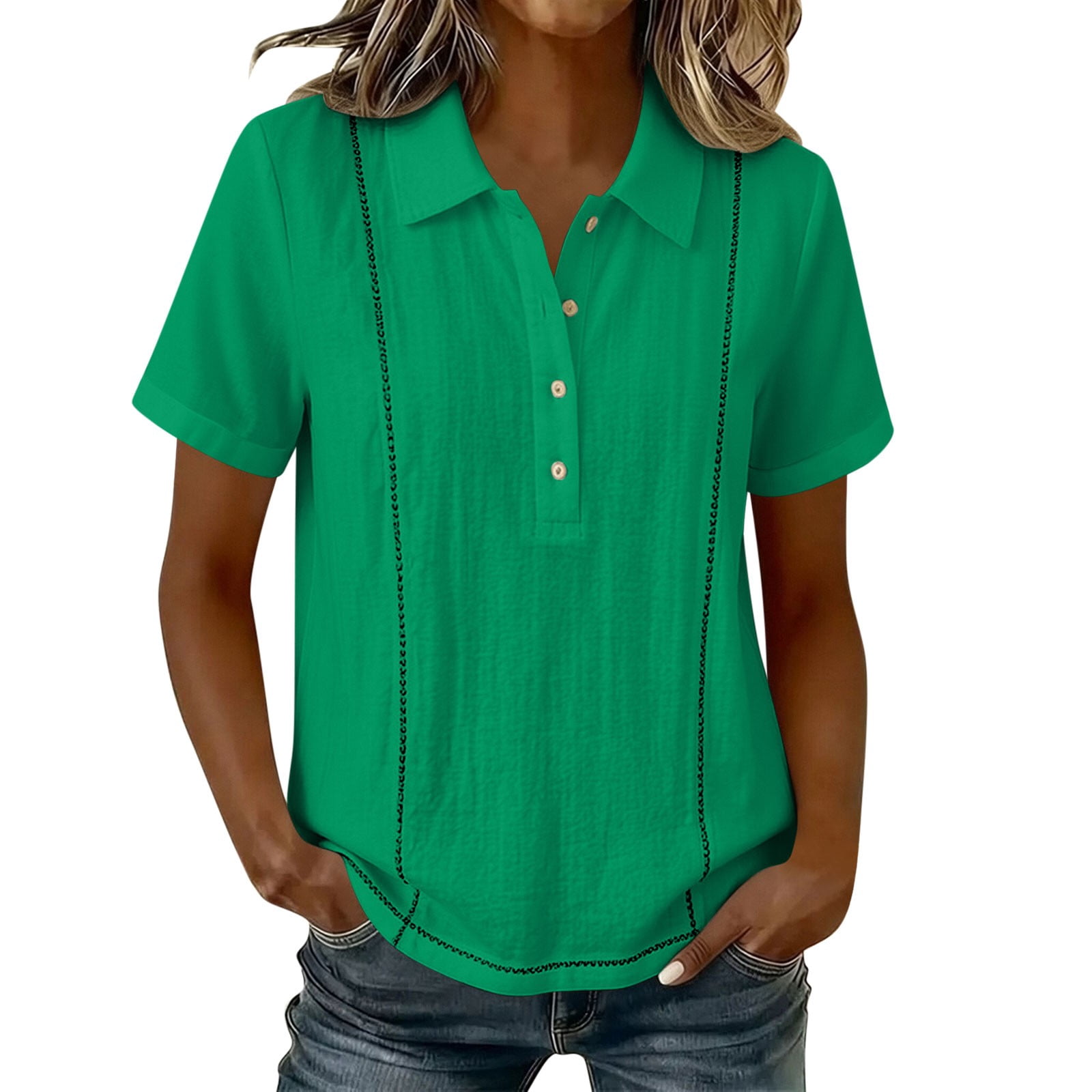 AherBiu Short Sleeve Tops for Women Half Button Lapel V Neck ...