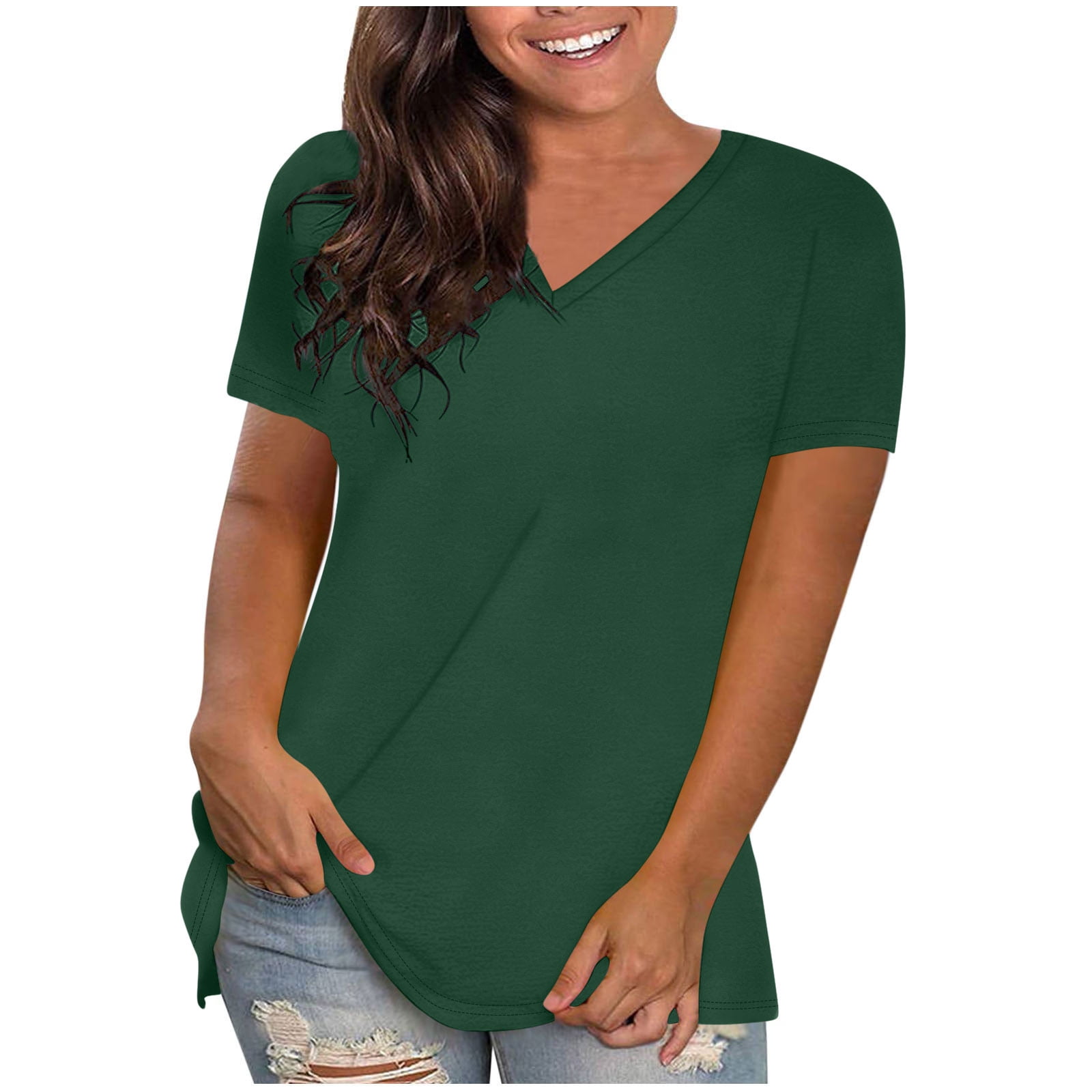AherBiu Short Sleeve Tops for Women V Neck Summer Basic Top Tees Comfy ...