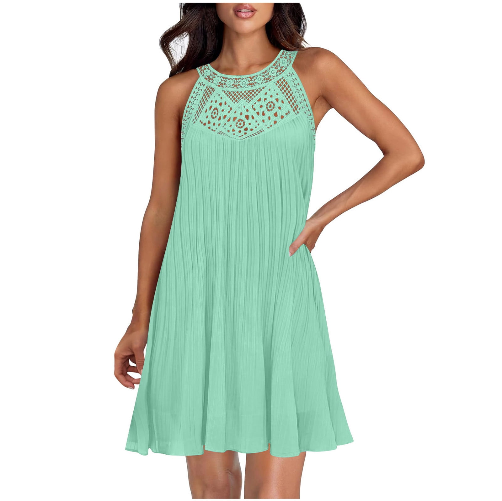 AherBiu Summer Dresses for Women Lace Crewneck Chiffon Short Dress ...