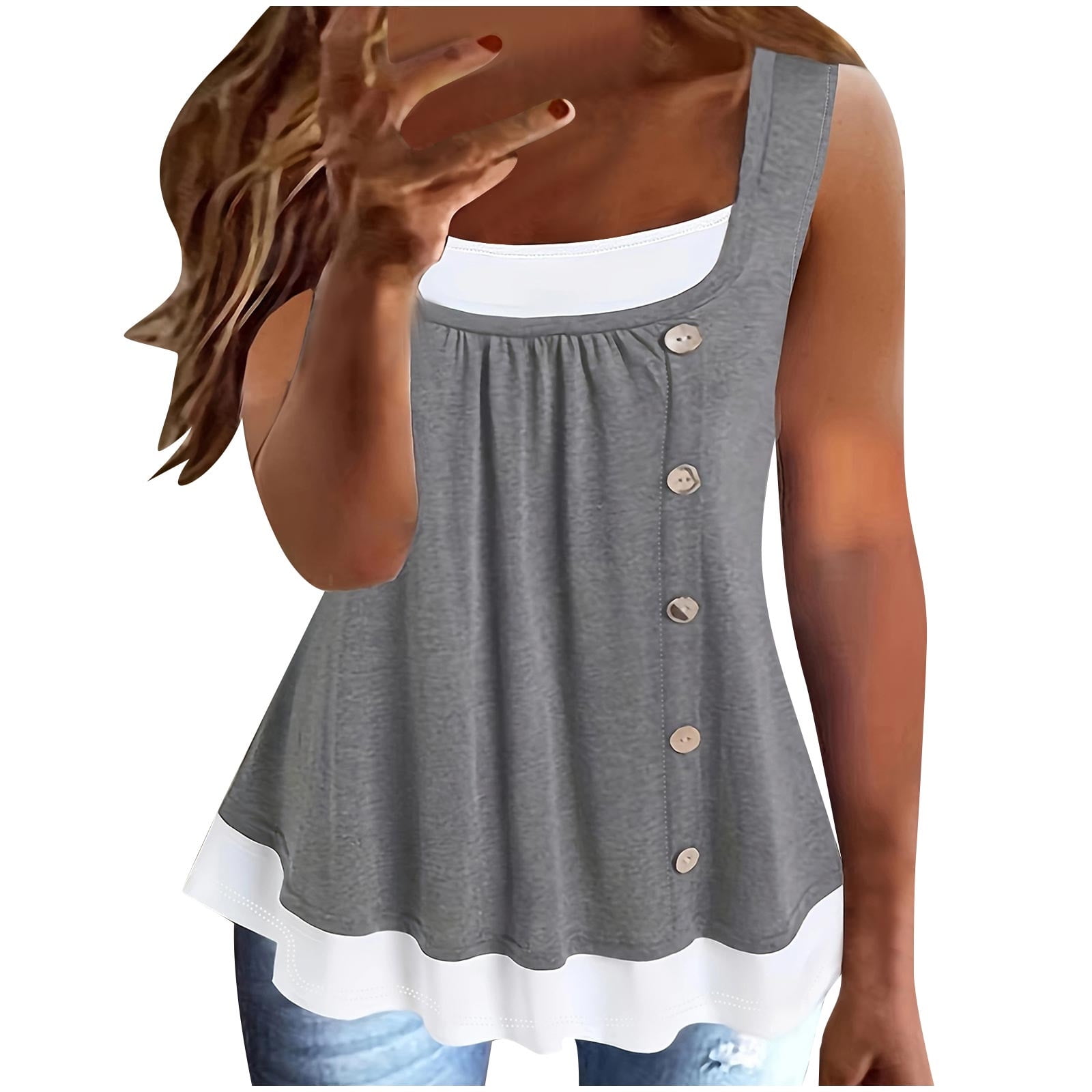 AherBiu Summer Tank Tops for Women 2 in 1 Scoop Neck Ruched Loose Sleeveless Tunic Patchwork T ...