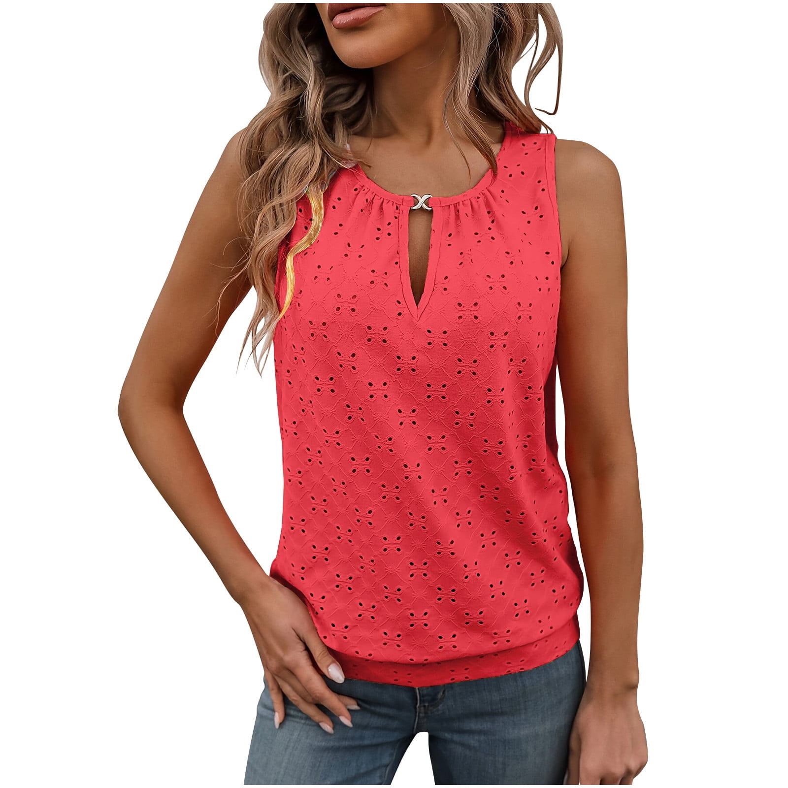 AherBiu Summer Tank Tops for Women Eyelet Hole Keyhole Neck Sleeveless Beach Vacation Cami ...