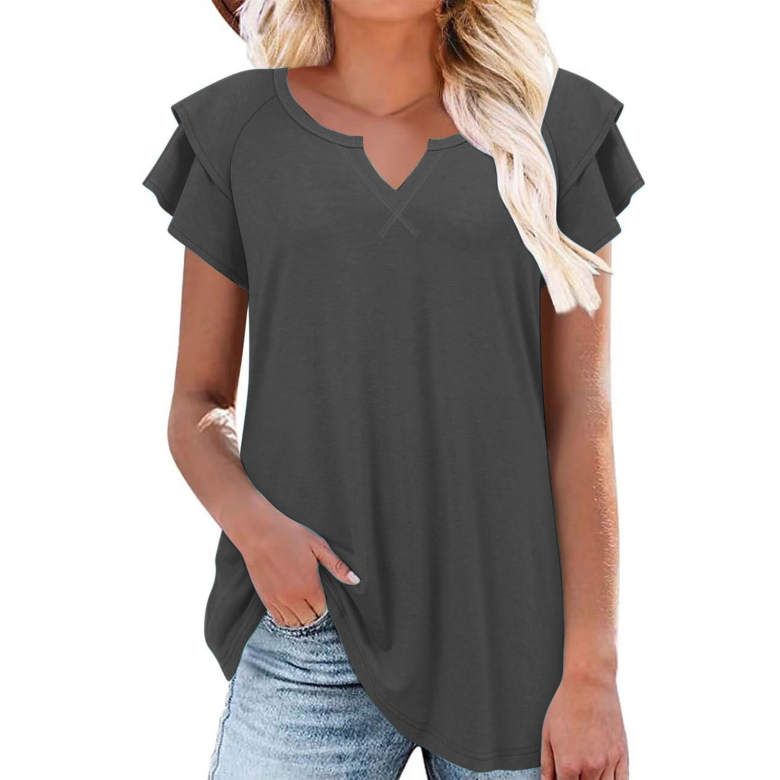 AherBiu Summer Tank Tops for Women Layered Short Sleeve Notch V Neck Tunic Tops to Wear with ...