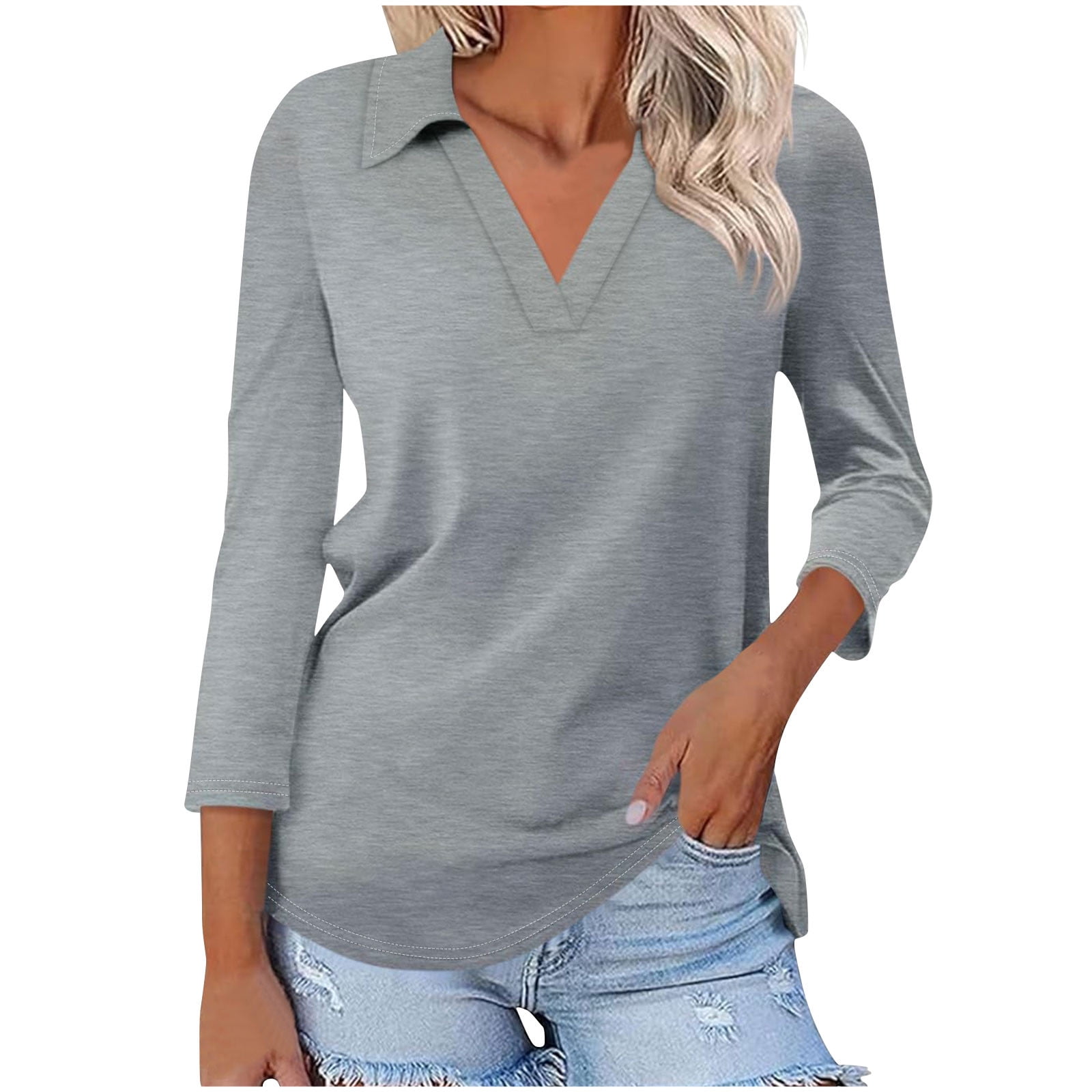 AherBiu Summer Tops for Women 3/4 Sleeve Tops Lapel V Neck Comfy Fitted ...