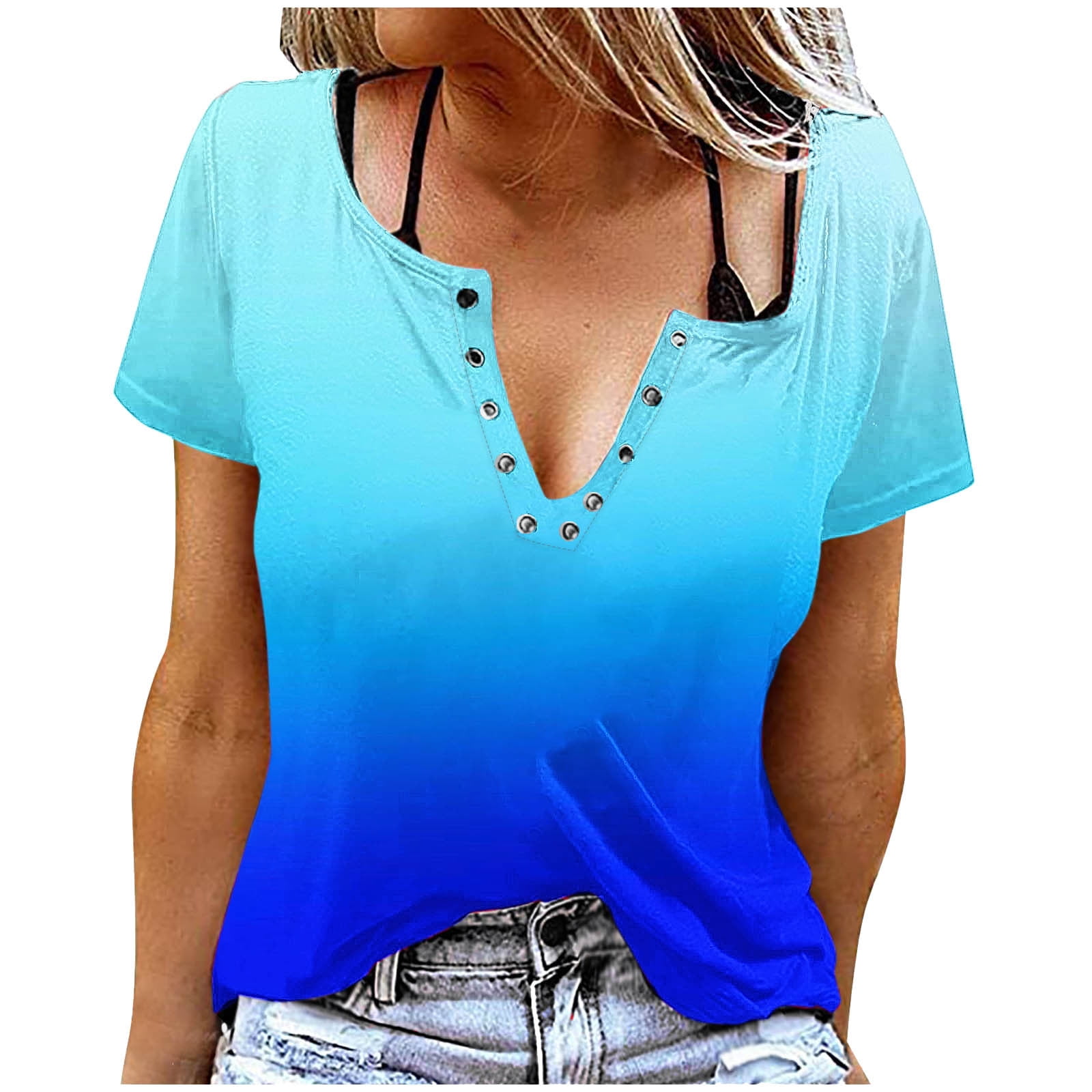 AherBiu Summer Tops for Women Button Notch V Neck Short Sleeve Top Tees Gradient Color Tshirt ...