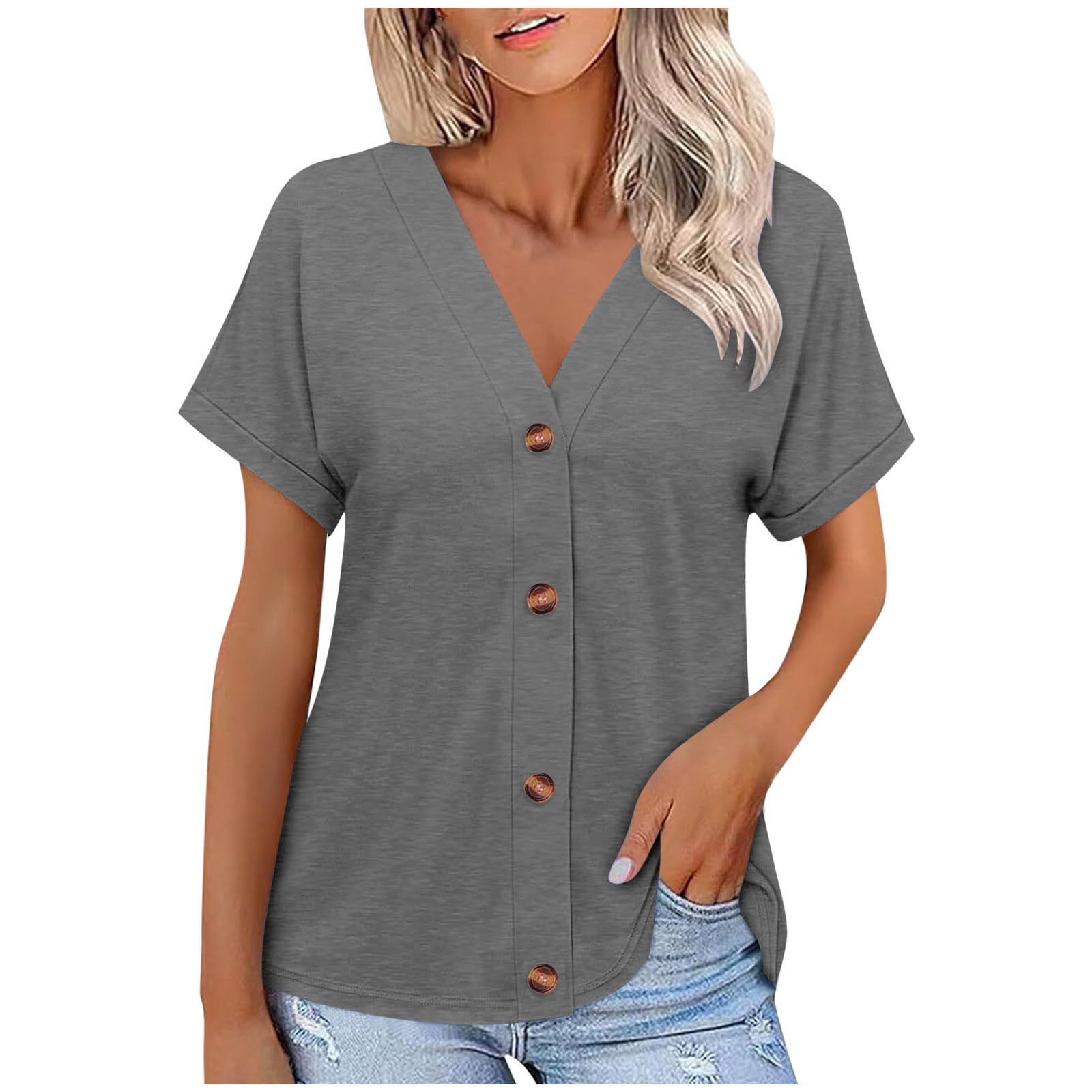AherBiu Summer Tops for Women Button down Shirt V Neck Short Sleeve Comfy Stretch Lightweight ...
