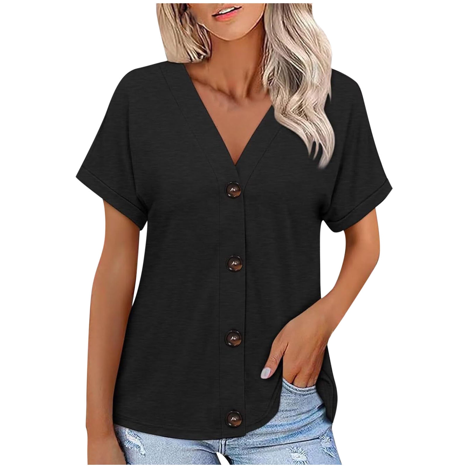 AherBiu Summer Tops for Women Button down Shirt V Neck Short Sleeve Comfy Stretch Lightweight ...