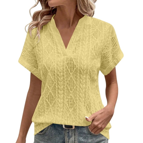 AherBiu Summer Tops for Women Dressy Casual Blouse Eyelet V Neck Short ...