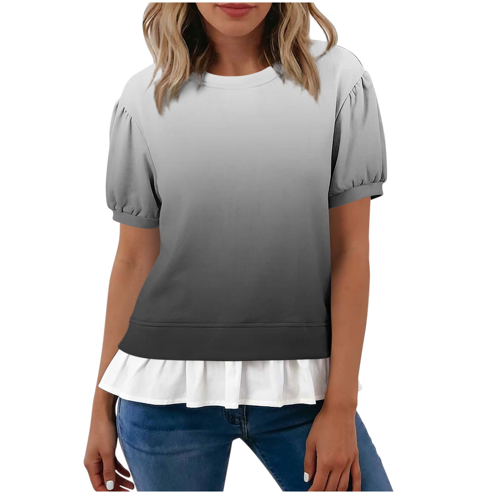 AherBiu Summer Tops for Women Gradient Color Bubble Short Sleeve ...