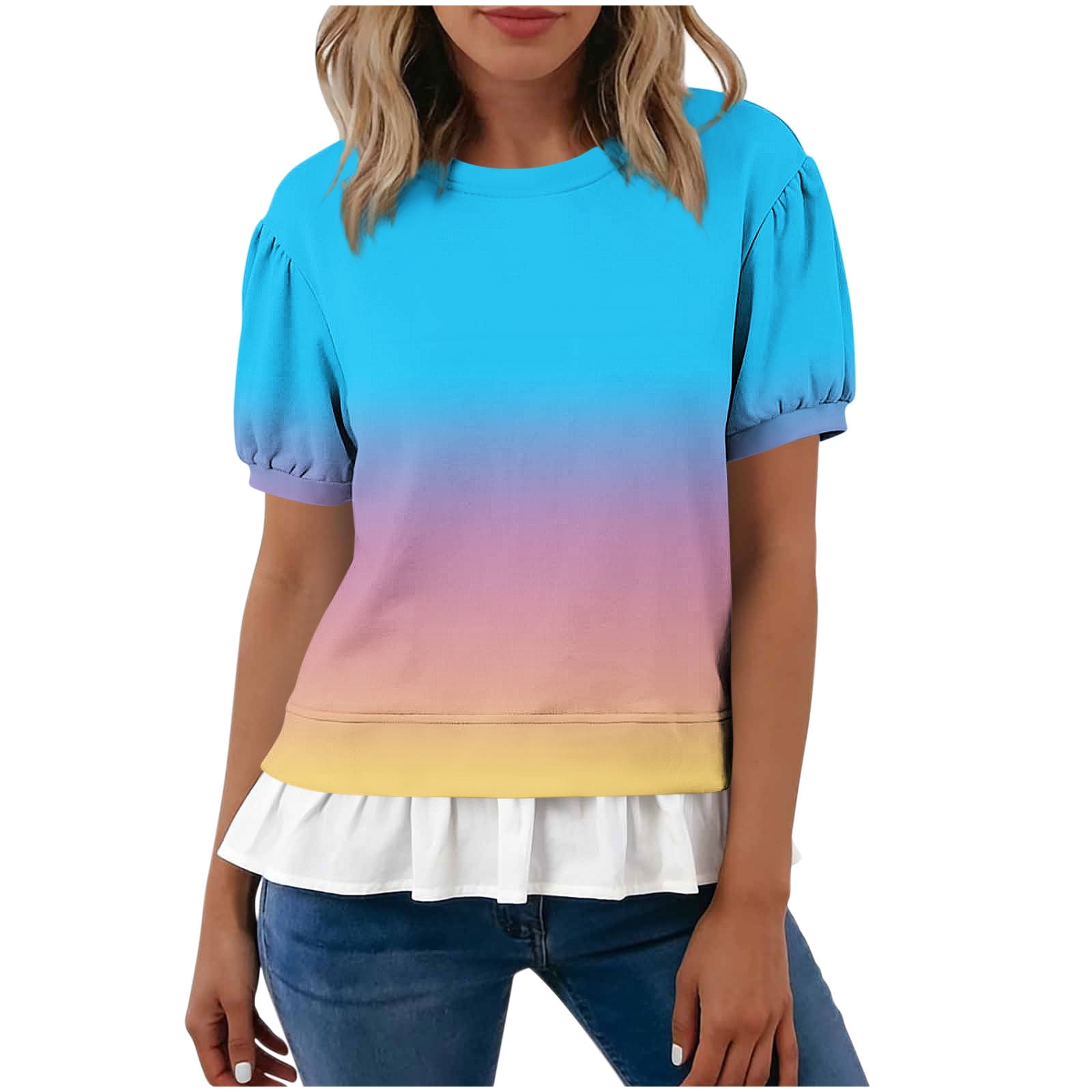 AherBiu Summer Tops for Women Gradient Color Bubble Short Sleeve ...