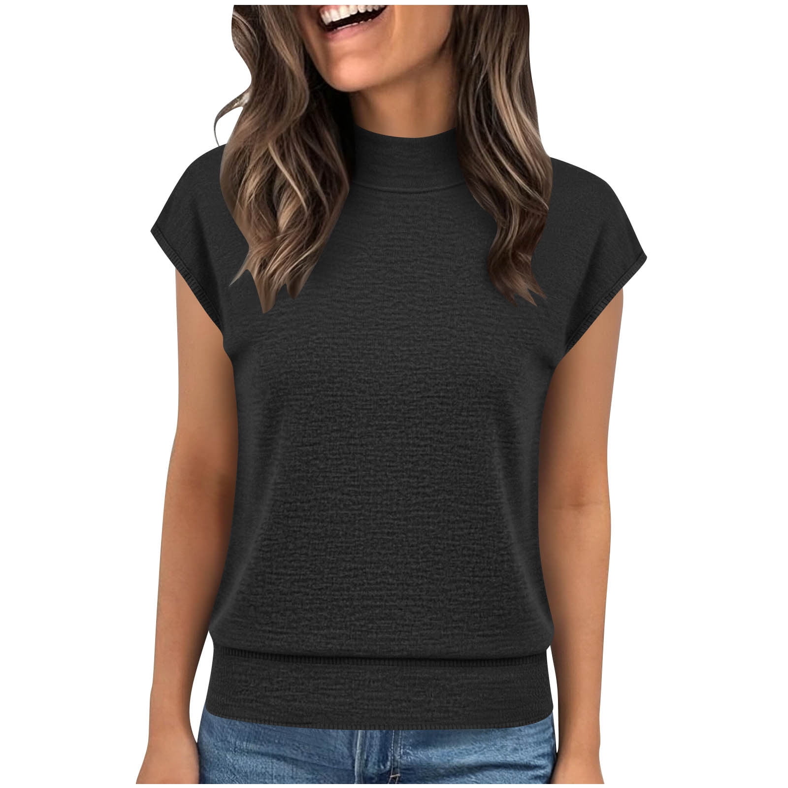 AherBiu Summer Tops for Women Mock-Neck Cap Sleeve Casual Fitted Comfy ...
