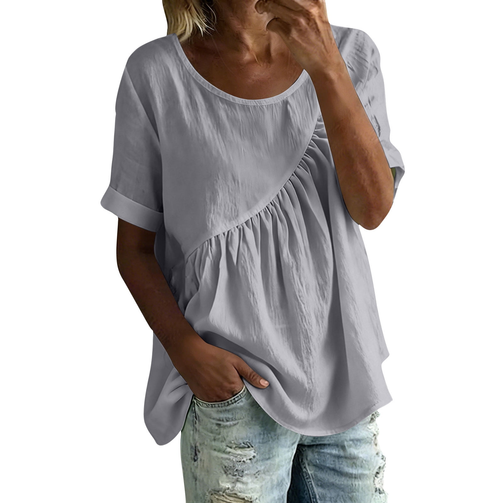 AherBiu Summer Tops for Women Short Sleeve Casual Ruched Loose Fitted ...