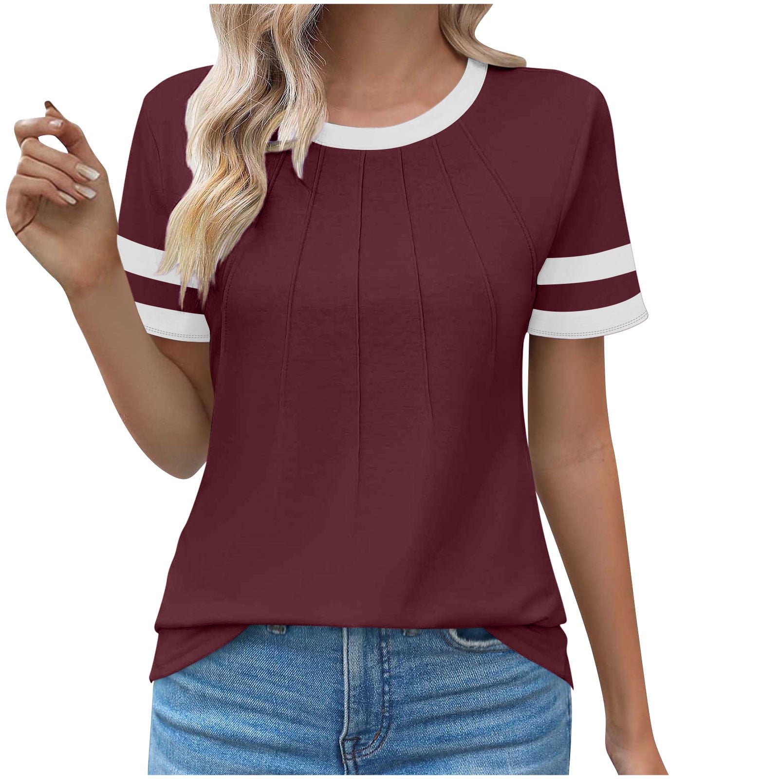 AherBiu Summer Tops for Women Short Sleeve Crewneck Casual Loose Ruched Tunic Tops to Wear with ...