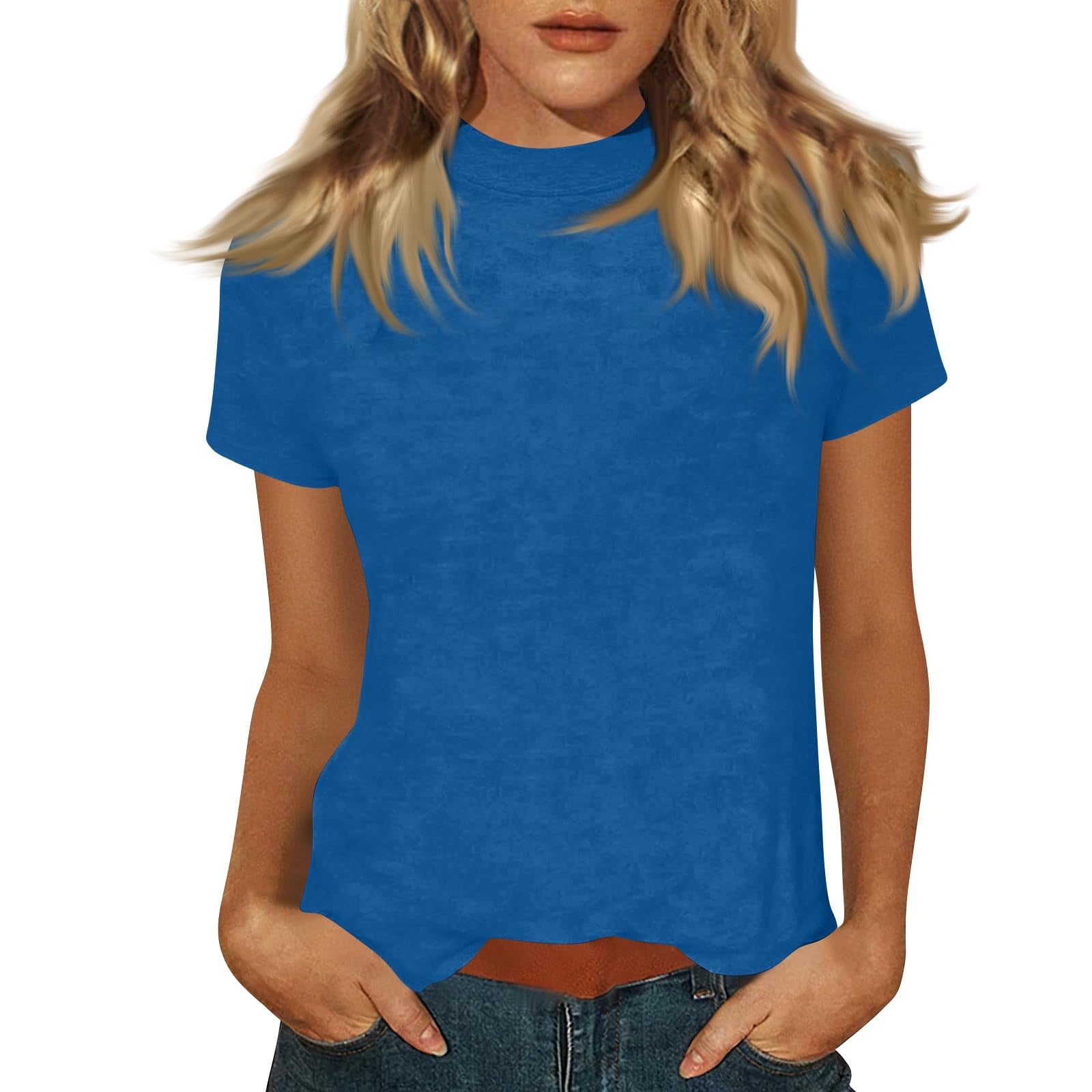 AherBiu Summer Tops for Women Short Sleeve Mock-Neck Summer Casual ...
