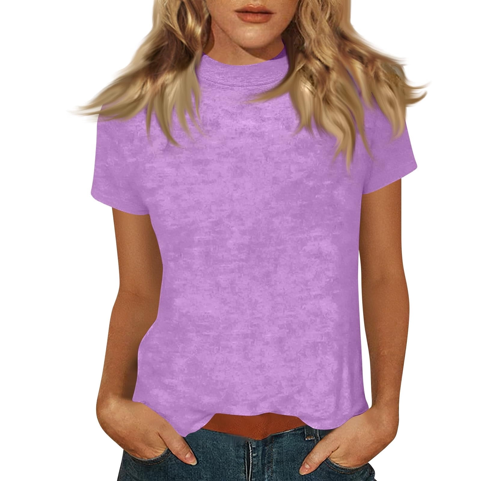 AherBiu Summer Tops for Women Short Sleeve Mock-Neck Summer Casual ...