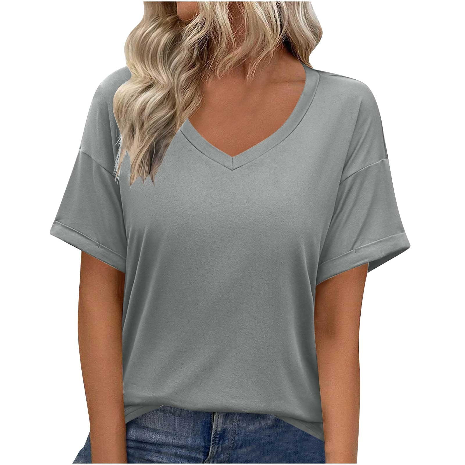 AherBiu Summer Tops for Women Short Sleeve V Neck Casual Loose Comfy Tunic Top Tees Tshirts ...