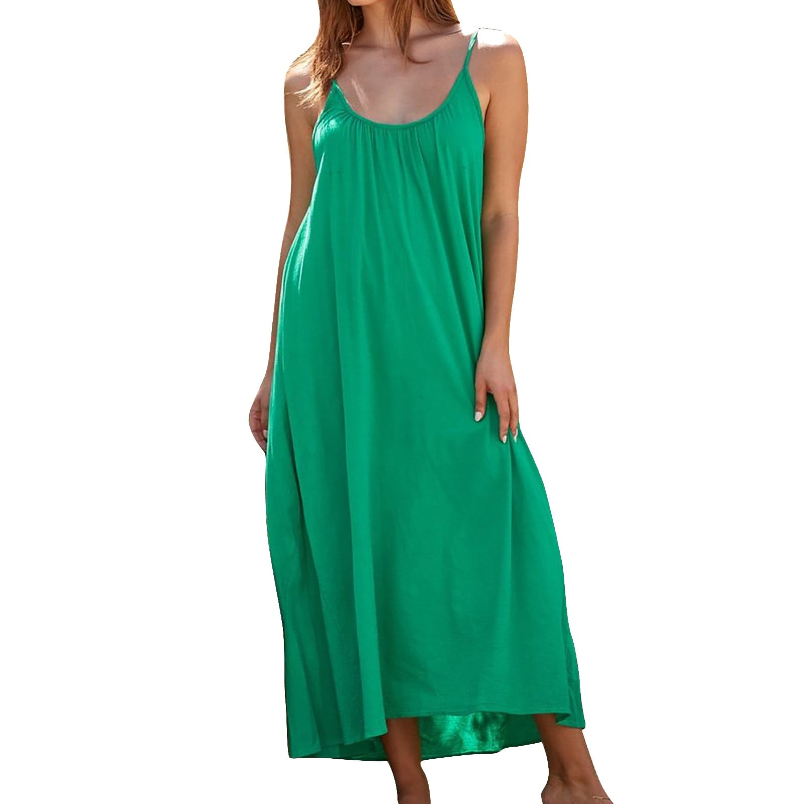 AherBiu Sundresses for Women Scoop Neck Spaghetti Strap Stretch Comfy ...