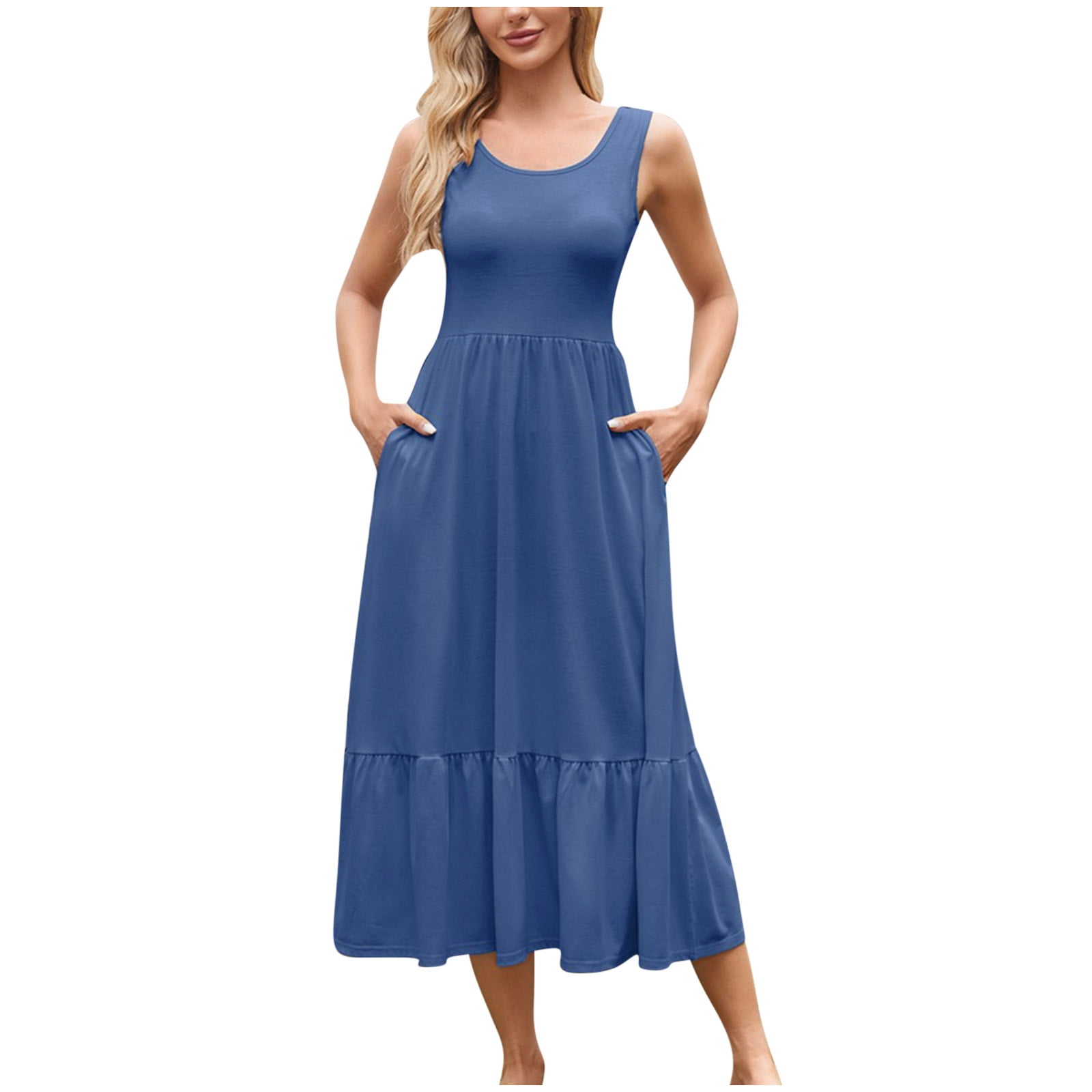AherBiu Sundresses for Women Sleeveless Ruched Ruffle Flowy Maxi ...
