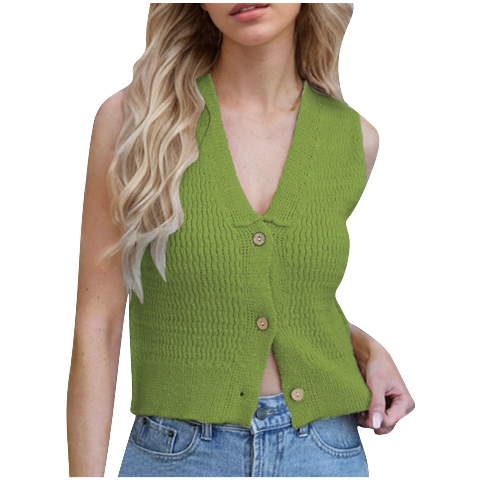 AherBiu Sweater Tops for Women Cropped Button Deep V Neck Sleeveless ...