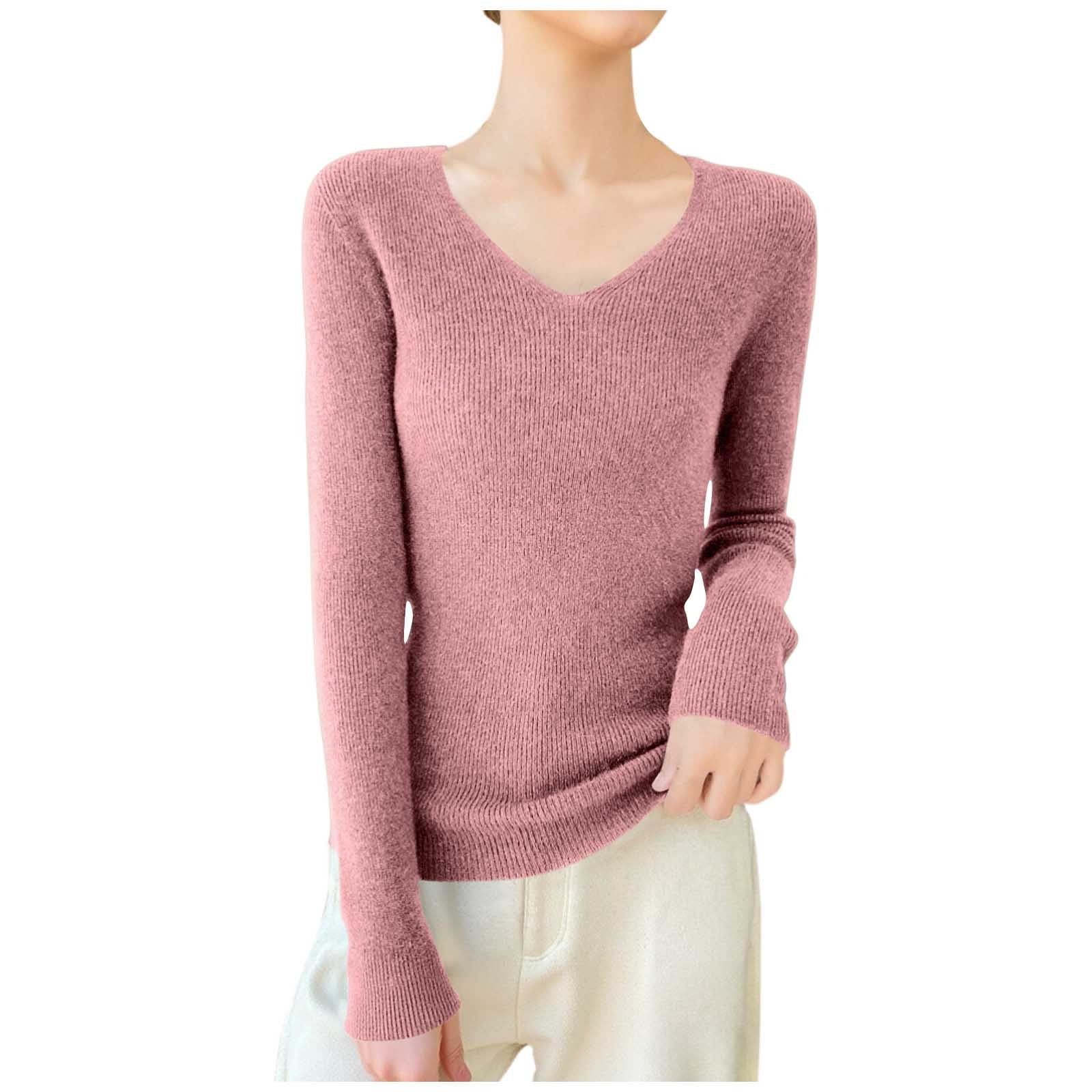 AherBiu Sweater Tops for Women V Neck Knitted Stretch Slim Fitted Long ...