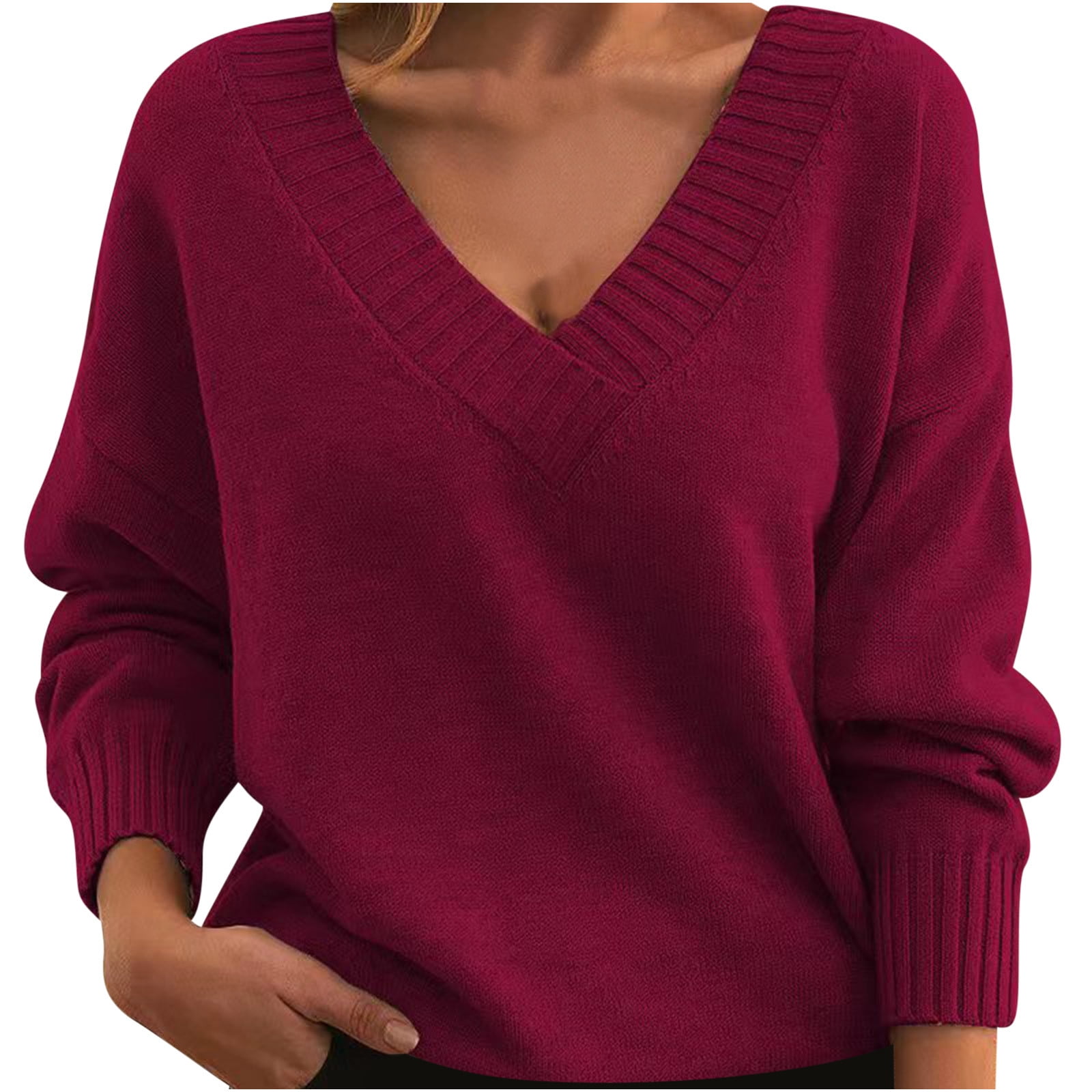 AherBiu Sweater for Women Deep V Neck Casual Loose Oversized Knitted ...